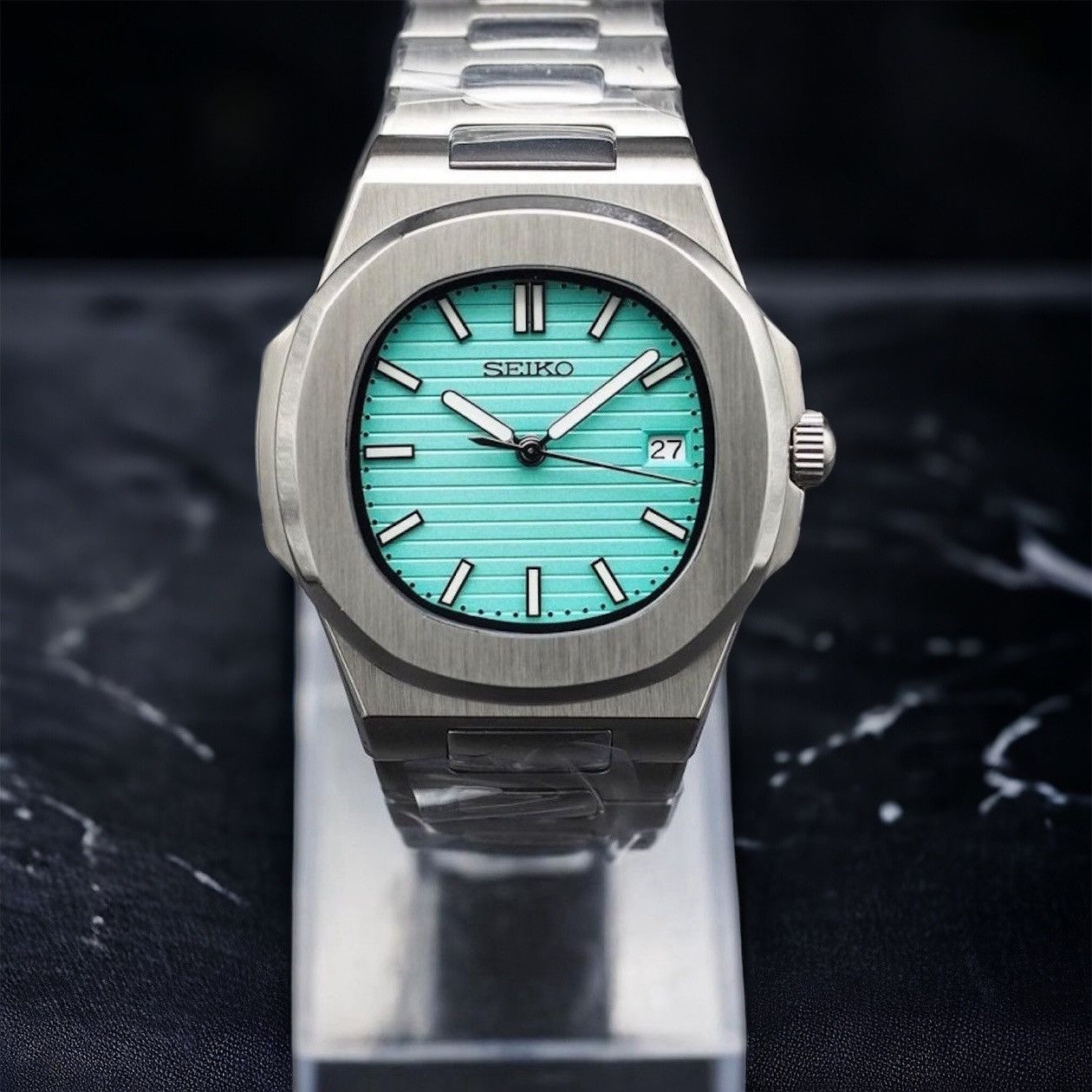 Custom × Seiko × Watch Seiko Mod Nautilus Tiffany Blue Dial Steel Watch ...