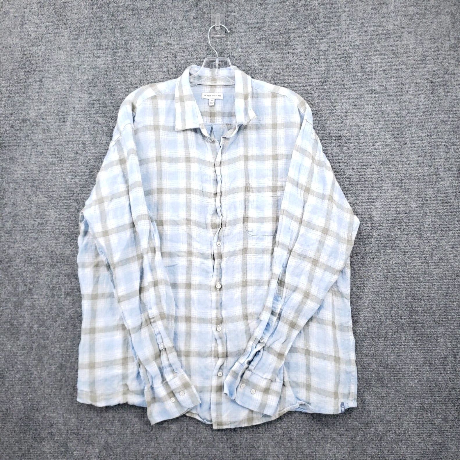 Peter Millar Peter Millar Mens XL Premium Blue Plaid Button Up Long Sleeve Lightweight Linen ...