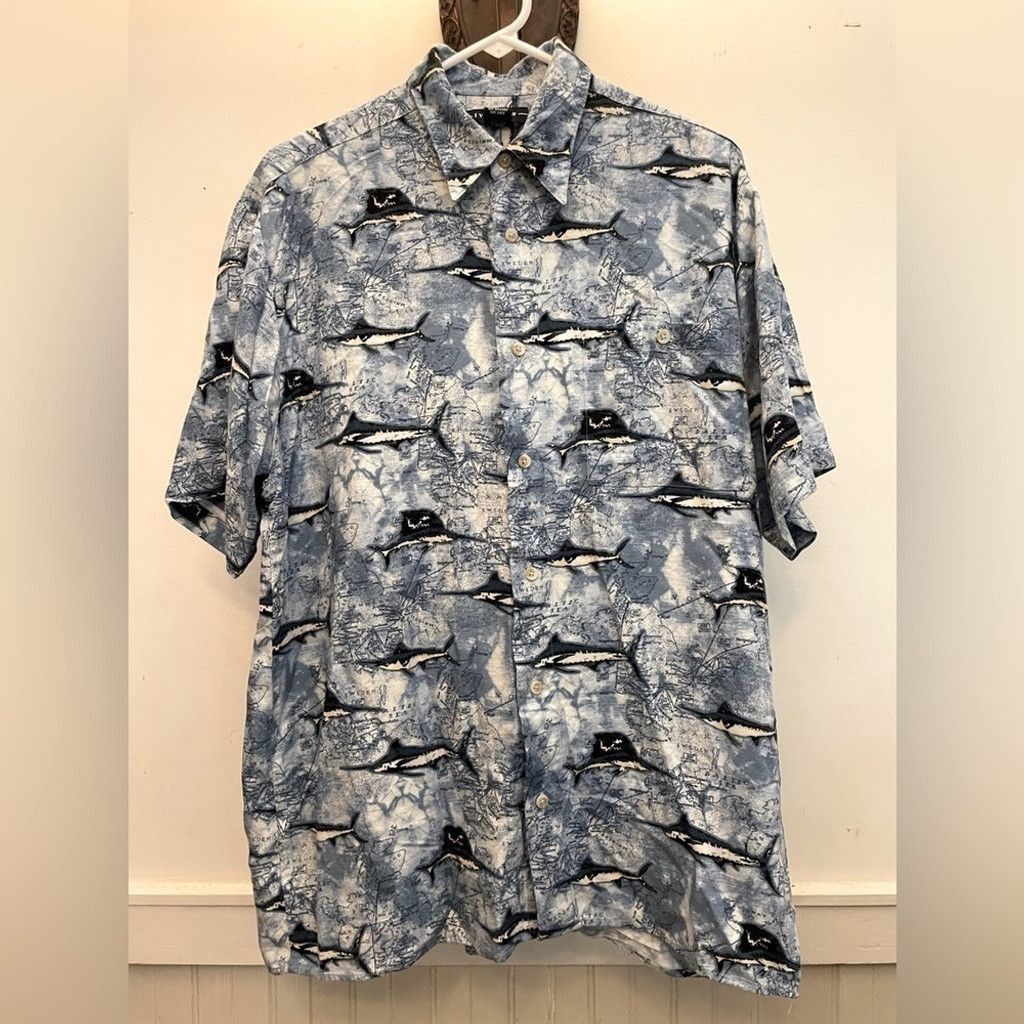 Ivy Crew IVY Crew Hawaiian Shirt Blue Sharks Swordfish Map fish | Grailed