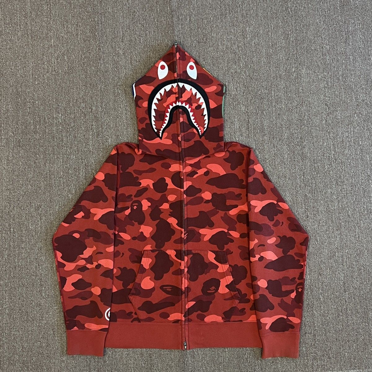 Bape × Streetwear × Vintage Bape Color Camo Red Shark Zip Up Hoodie ...