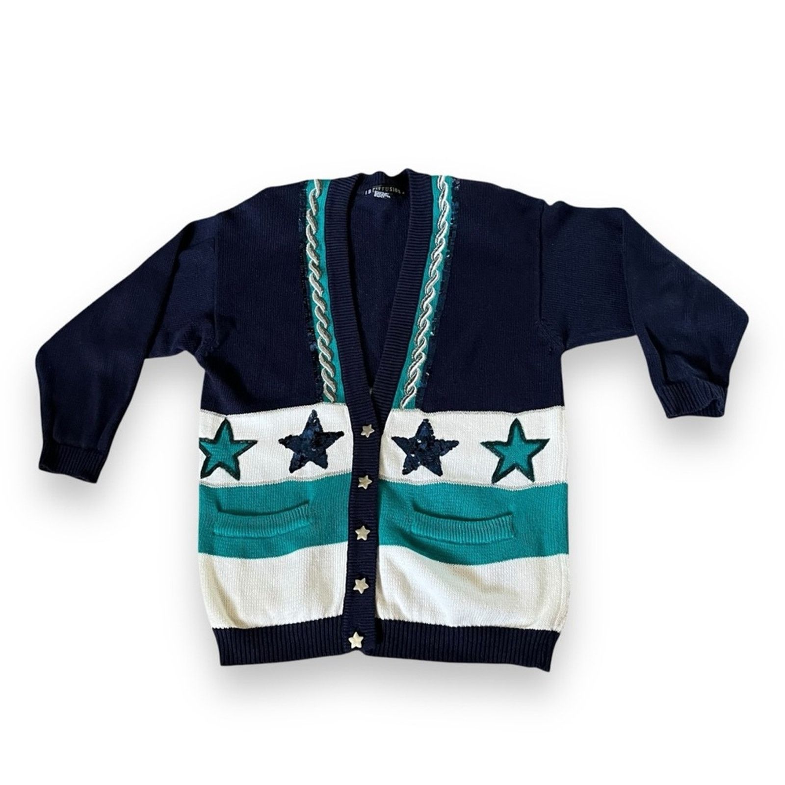 Vintage 80s 90s Vintage IB Diffusion navy teal star cardigan sweater ...