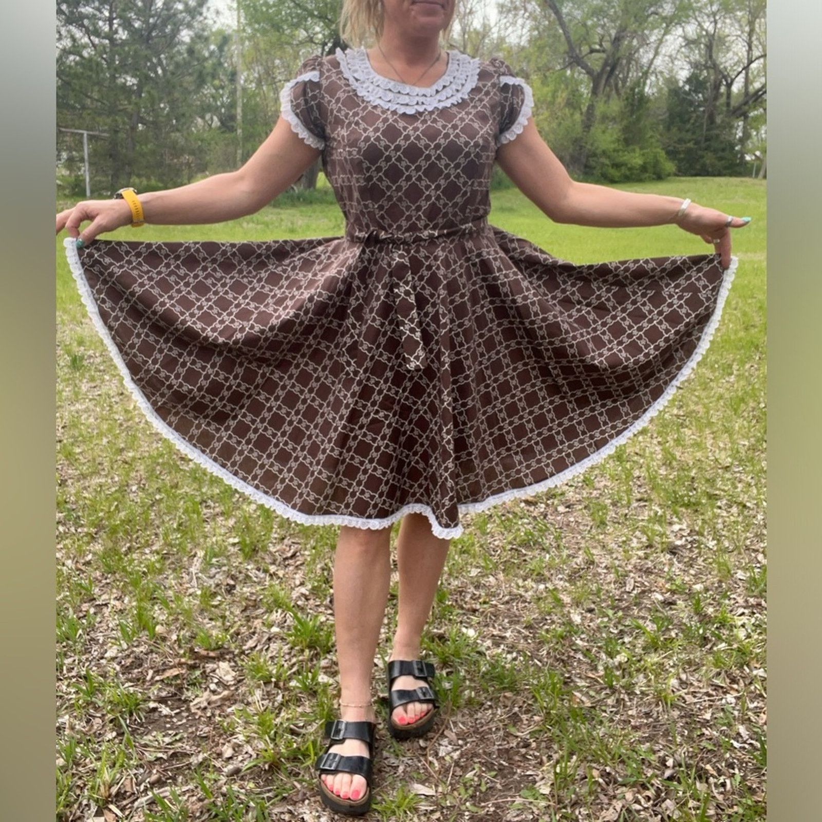 Vintage 80s Brown White Floral Lattice Print Square Dance Dress | Grailed