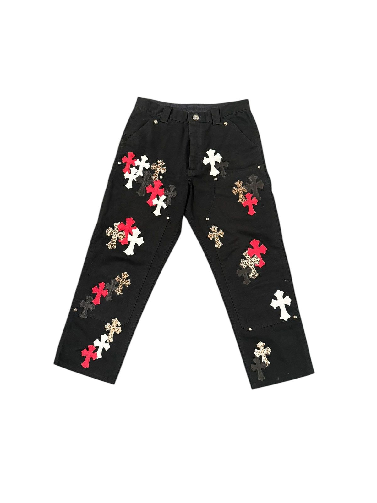 Chrome Hearts Red, White, Black, & Leopard Cross Patch Carpenter Pants | Grailed