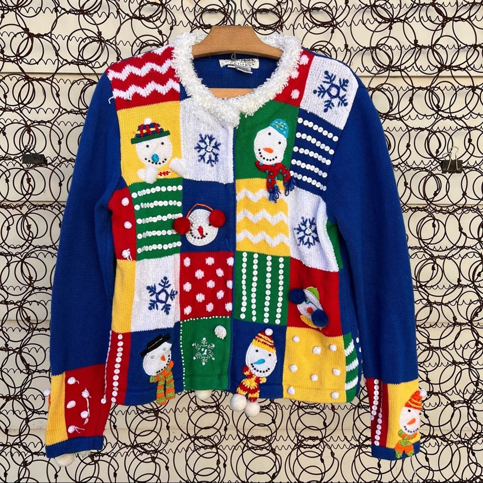 Vintage 90s Christmas primary color checkerboard snowman cardigan | Grailed