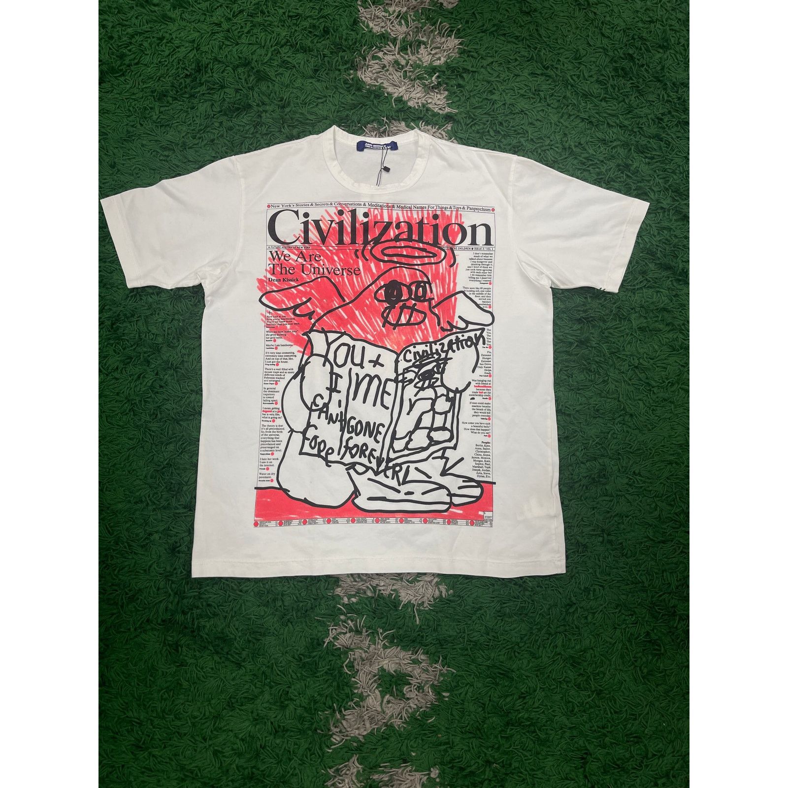 Comme des Garcons CDG Newspaper Tee White Red Used Large | Grailed
