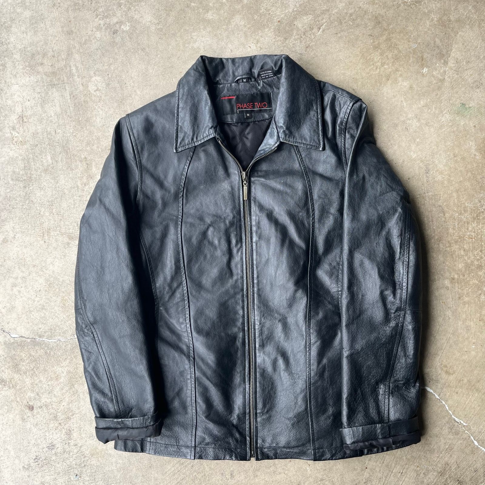Vintage PHASE TWO BLACK LEATHER JACKET ZIP MEDIUM MOTO CAFE RACER | Grailed