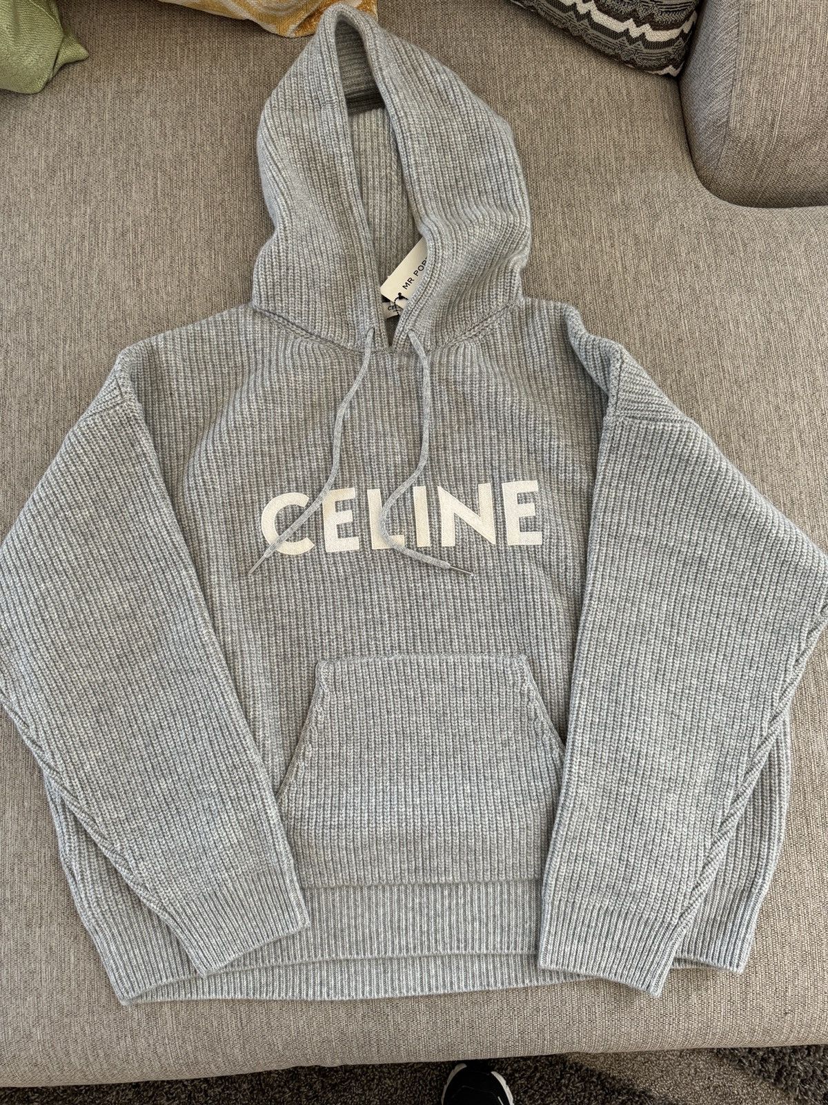 Celine CELINE Paris Hooded Sweater Ribbed Wool Light Grey BTS V | Grailed
