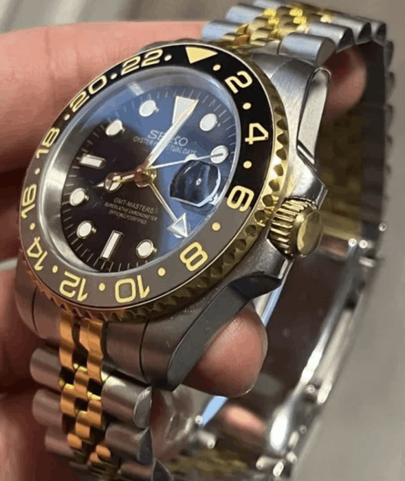 Custom seiko mod gold GMT movement jubilee watch | Grailed