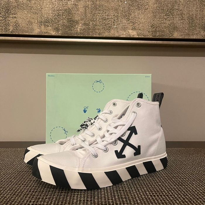 Off-White Mid Top Vulcanized Canvas Sneakers in White / Black | Grailed