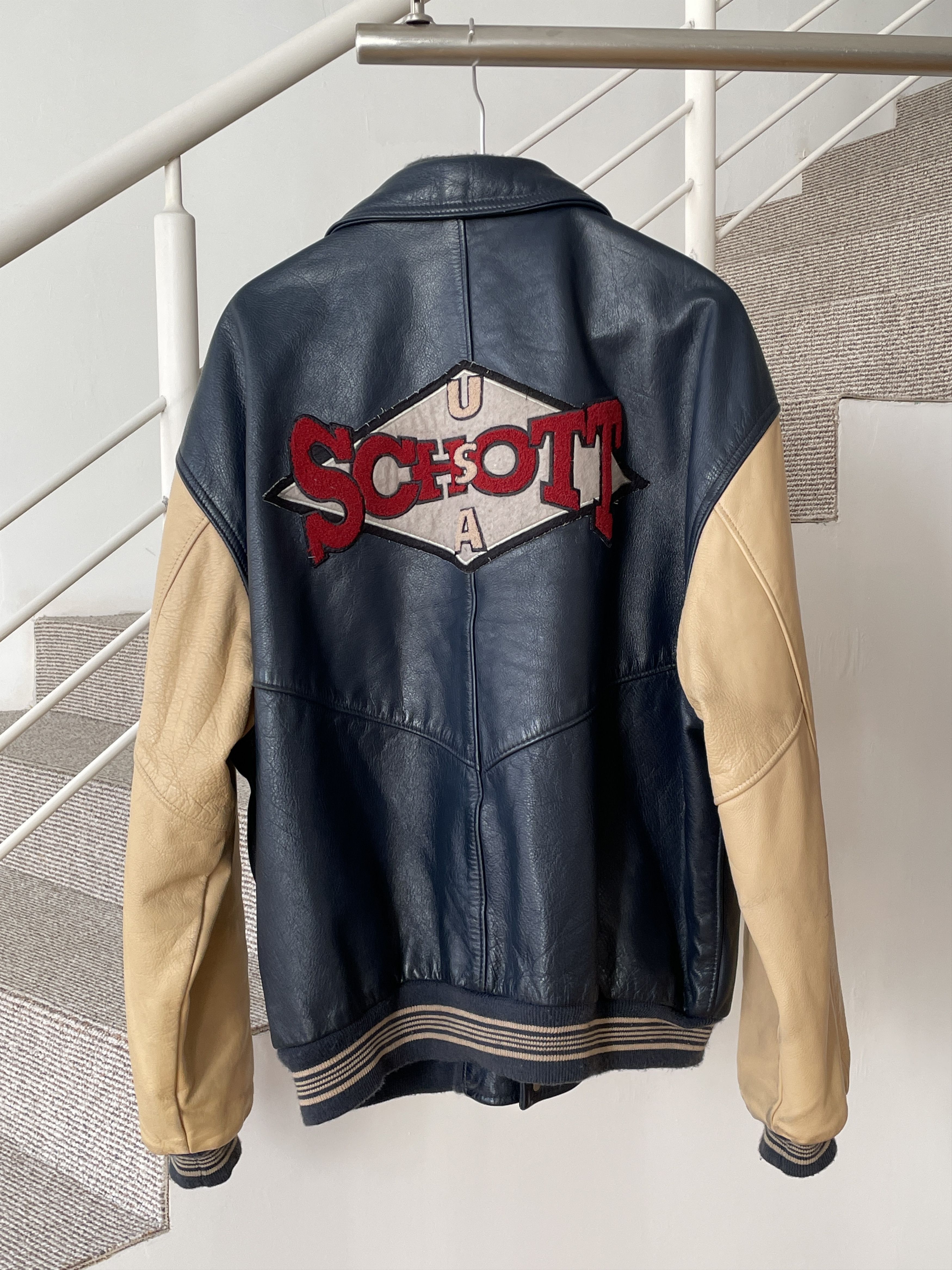 Leather Jacket × Schott × Vintage SCHOTT Varsity Jacket Bomber Leather ...