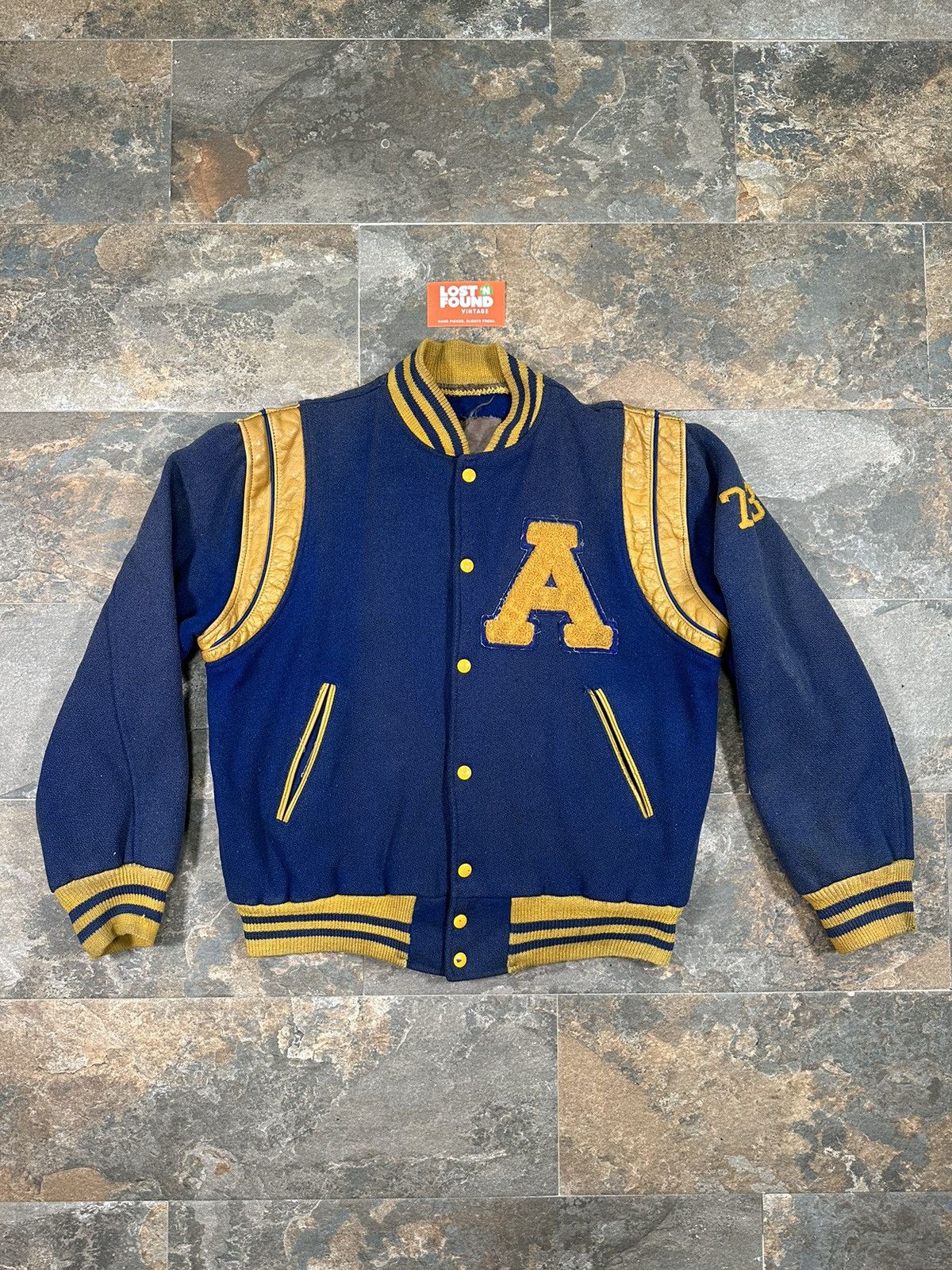 American College × Made In Usa × Vintage 1973 Vintage Leather Stripe ...