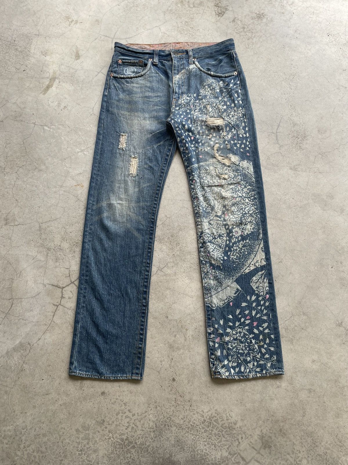 Vintage VINTAGE KARAKURI TAMASHI FLORAL ACID WASH DESIGN DENIM JEANS ...