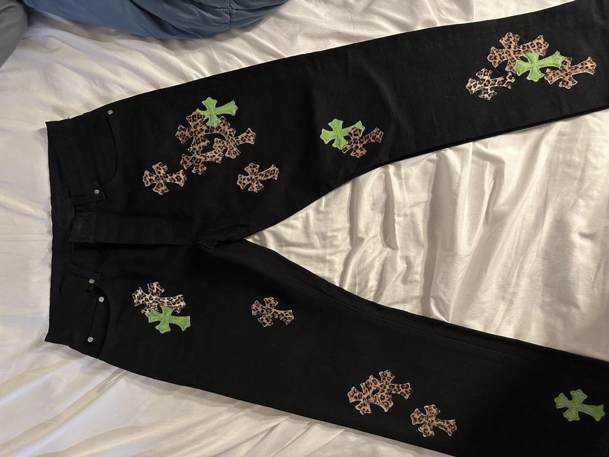 Chrome Hearts chrome hearts leopard and neon green cross patch jeans ...