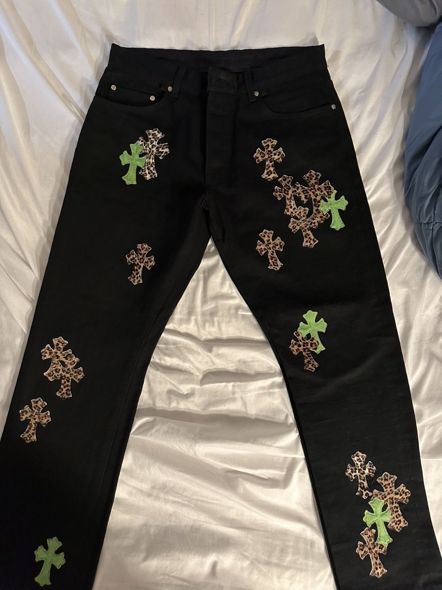 Chrome Hearts chrome hearts leopard and neon green cross patch jeans ...