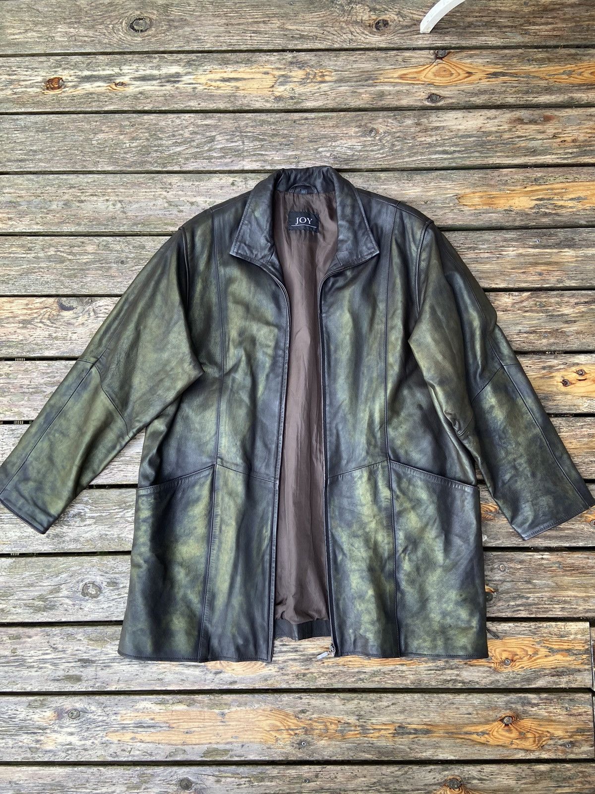 Vintage Genuine Leather Coat in oil spill green and black | Grailed